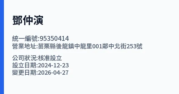 鄧仲演的照片-統編 95350414(苗栗縣) 公司登記資料與營業項目詳細圖表