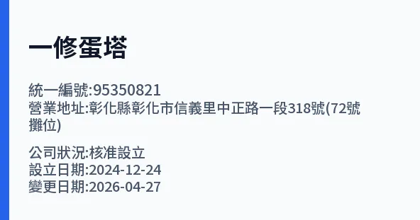 一修蛋塔的照片-統編 95350821(彰化縣) 公司登記資料與營業項目詳細圖表
