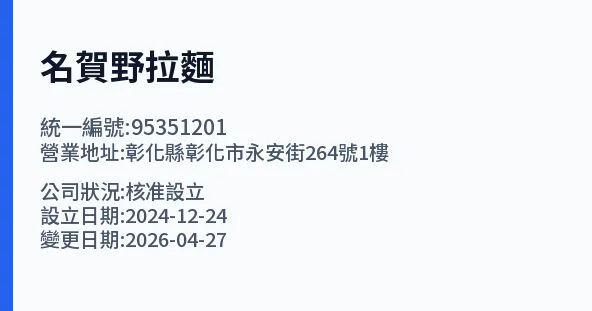 名賀野拉麵的照片-統編 95351201(彰化縣) 公司登記資料與營業項目詳細圖表