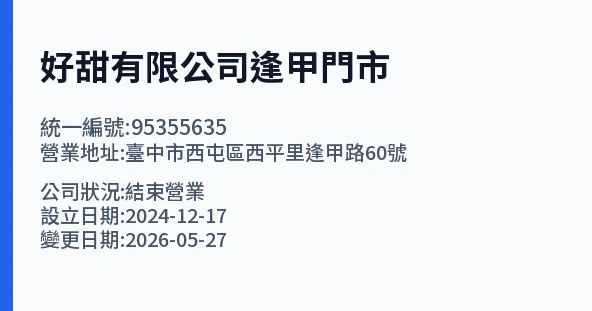 好甜有限公司逢甲門市的照片-統編 95355635(臺中市) 公司登記資料與營業項目詳細圖表