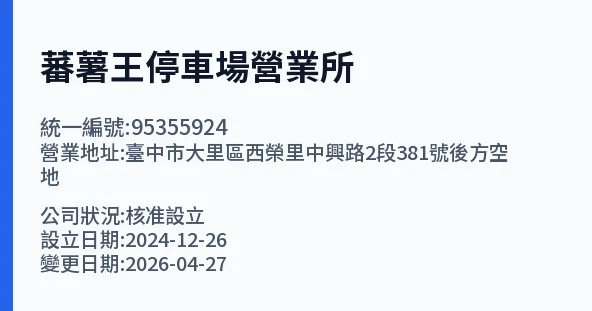 蕃薯王停車場營業所的照片-統編 95355924(臺中市) 公司登記資料與營業項目詳細圖表