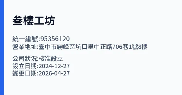 叁樓工坊的照片-統編 95356120(臺中市) 公司登記資料與營業項目詳細圖表