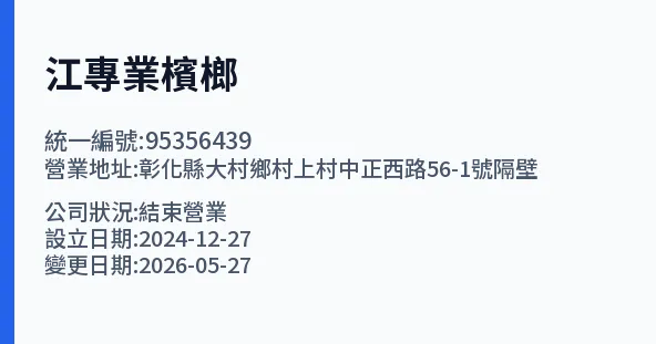 江專業檳榔的照片-統編 95356439(彰化縣) 公司登記資料與營業項目詳細圖表