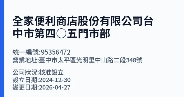 全家便利商店股份有限公司台中市第四○五門市部的照片-統編 95356472(臺中市) 公司登記資料與營業項目詳細圖表