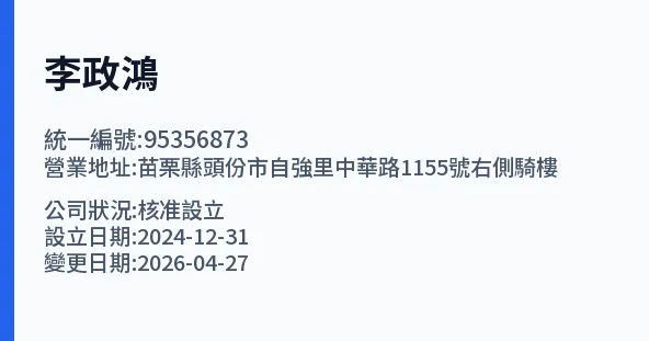 李政鴻的照片-統編 95356873(苗栗縣) 公司登記資料與營業項目詳細圖表
