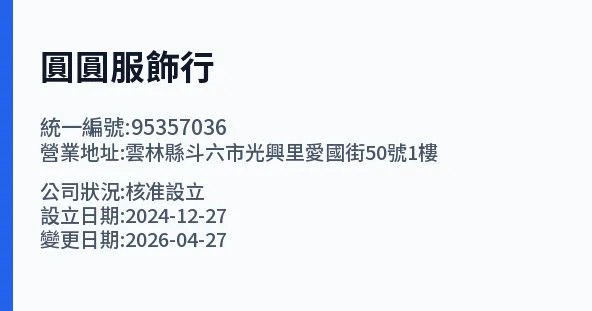 圓圓服飾行的照片-統編 95357036(雲林縣) 公司登記資料與營業項目詳細圖表