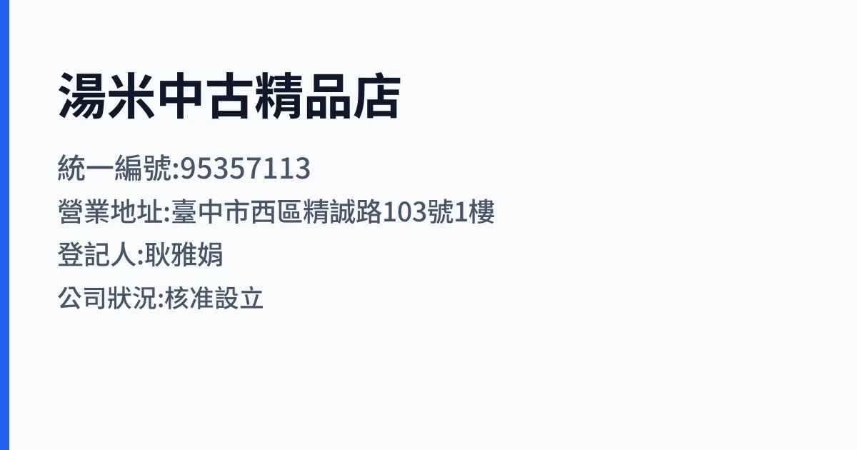 湯米中古精品店 - 統編 95357113（臺中市） 公司登記資料與營業項目詳細圖表