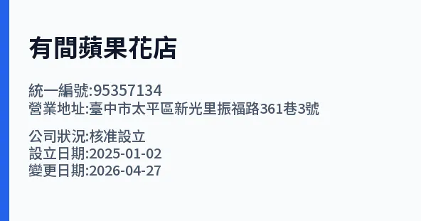 有間蘋果花店的照片-統編 95357134(臺中市) 公司登記資料與營業項目詳細圖表