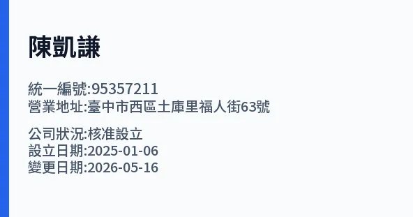陳凱謙的照片-統編 95357211(臺中市) 公司登記資料與營業項目詳細圖表