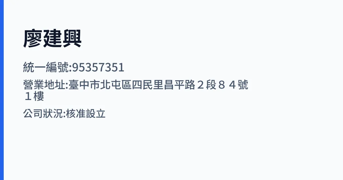 廖建興 - 統編 95357351(臺中市) 公司登記資料與營業項目詳細圖表