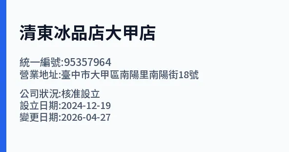 清東冰品店大甲店的照片-統編 95357964(臺中市) 公司登記資料與營業項目詳細圖表