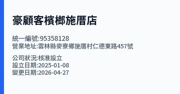 豪顧客檳榔施厝店的照片-統編 95358128(雲林縣) 公司登記資料與營業項目詳細圖表