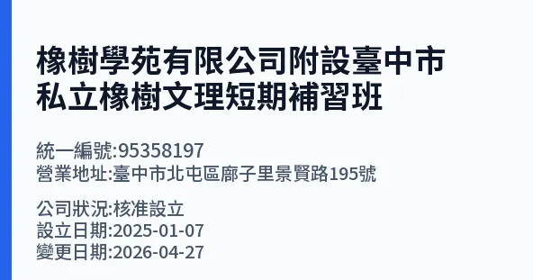 橡樹學苑有限公司附設臺中市私立橡樹文理短期補習班的照片-統編 95358197(臺中市) 公司登記資料與營業項目詳細圖表