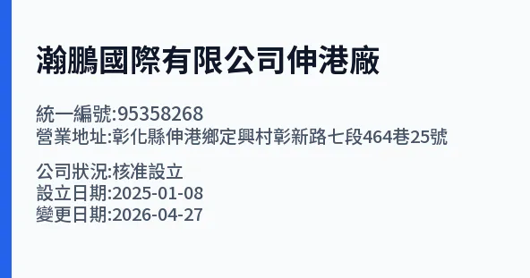 瀚鵬國際有限公司伸港廠的照片-統編 95358268(彰化縣) 公司登記資料與營業項目詳細圖表