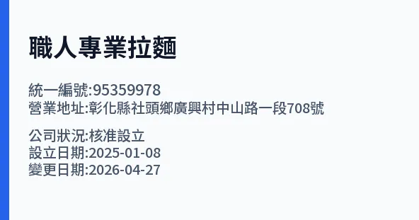 職人專業拉麵的照片-統編 95359978(彰化縣) 公司登記資料與營業項目詳細圖表