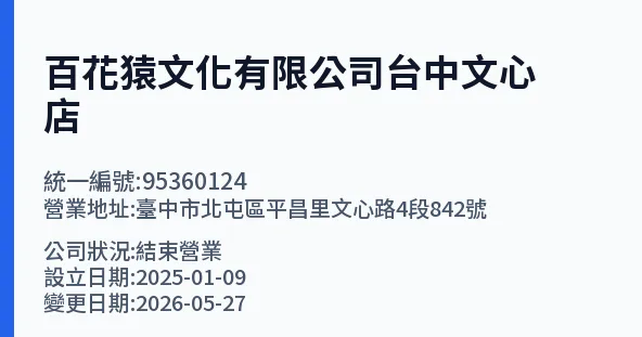 百花猿文化有限公司台中文心店的照片-統編 95360124(臺中市) 公司登記資料與營業項目詳細圖表