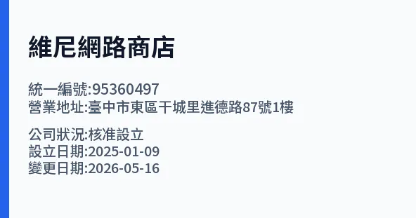 維尼網路商店的照片-統編 95360497(臺中市) 公司登記資料與營業項目詳細圖表