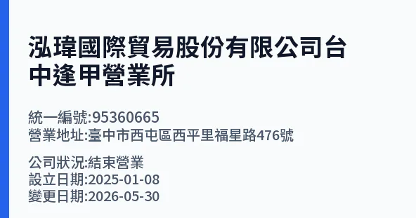 泓瑋國際貿易股份有限公司台中逢甲營業所的照片-統編 95360665(臺中市) 公司登記資料與營業項目詳細圖表
