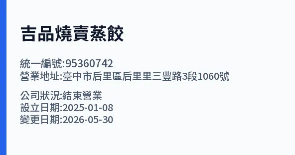 吉品燒賣蒸餃的照片-統編 95360742(臺中市) 公司登記資料與營業項目詳細圖表