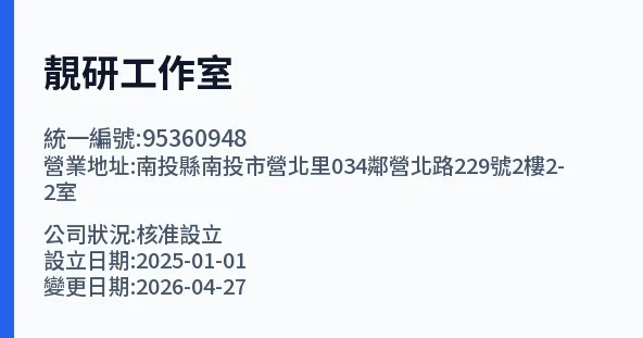 靚研工作室的照片-統編 95360948(南投縣) 公司登記資料與營業項目詳細圖表