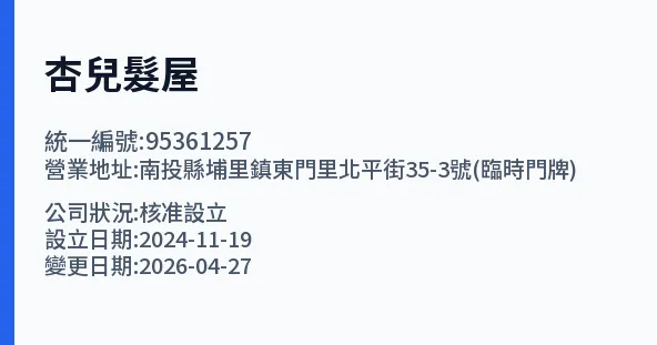 杏兒髮屋的照片-統編 95361257(南投縣) 公司登記資料與營業項目詳細圖表