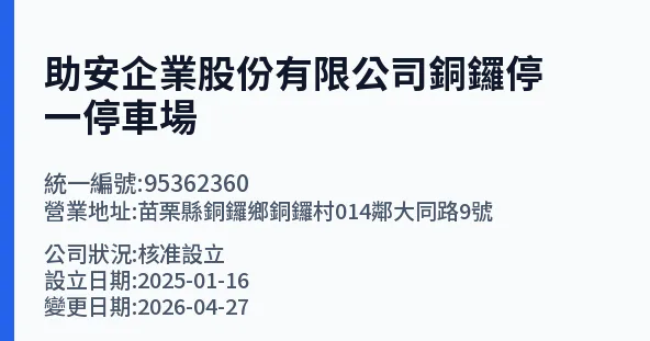 助安企業股份有限公司銅鑼停一停車場的照片-統編 95362360(苗栗縣) 公司登記資料與營業項目詳細圖表