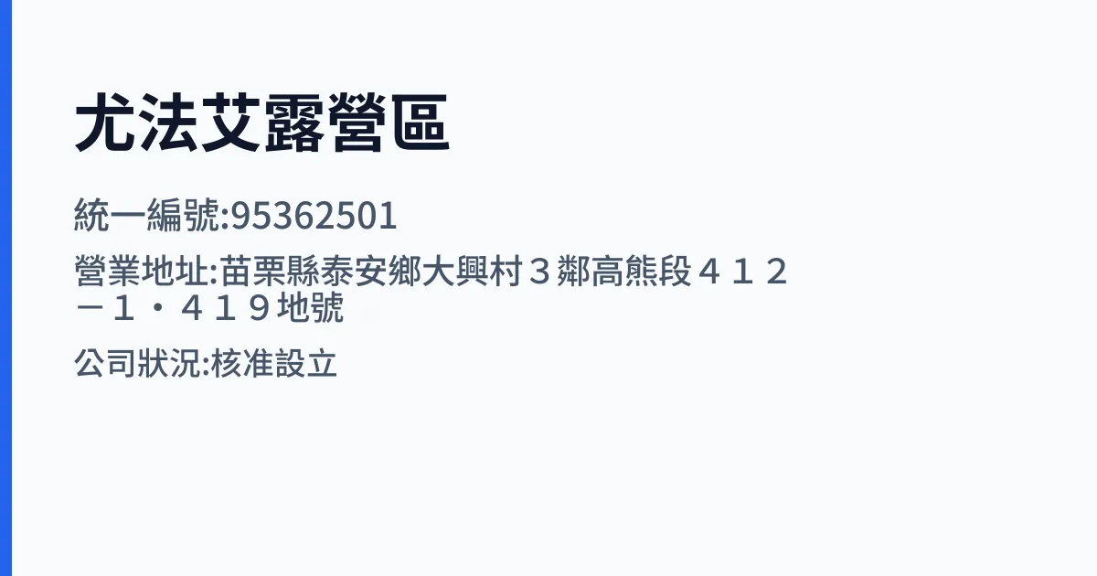 尤法艾露營區 - 統編 95362501 (苗栗縣) 公司登記資料與營業項目詳細圖表