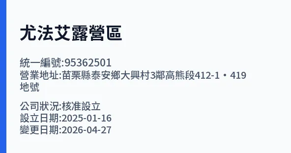 尤法艾露營區的照片-統編 95362501(苗栗縣) 公司登記資料與營業項目詳細圖表