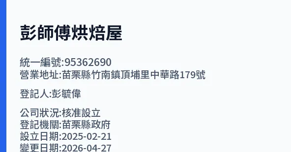 彭師傅烘焙屋的照片-統編 95362690(苗栗縣) 公司登記資料與營業項目詳細圖表