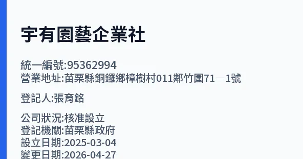 宇有園藝企業社的照片-統編 95362994(苗栗縣) 公司登記資料與營業項目詳細圖表
