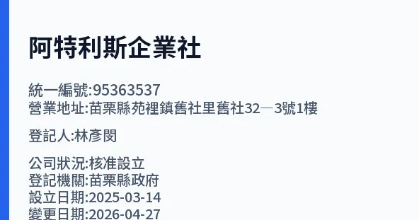 阿特利斯企業社的照片-統編 95363537(苗栗縣) 公司登記資料與營業項目詳細圖表