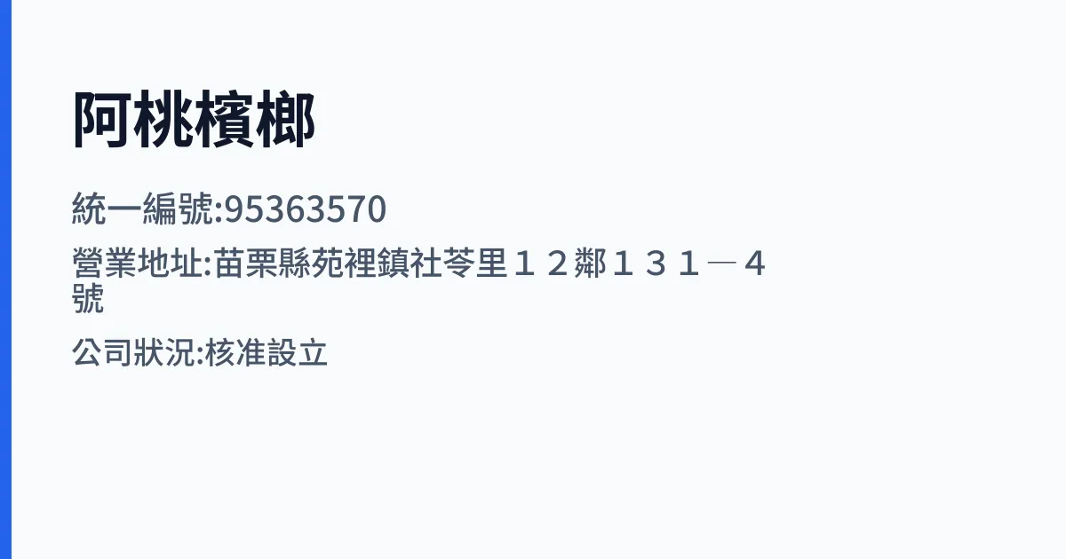 阿桃檳榔 - 統編 95363570（苗栗縣） 公司登記資料與營業項目詳細圖表