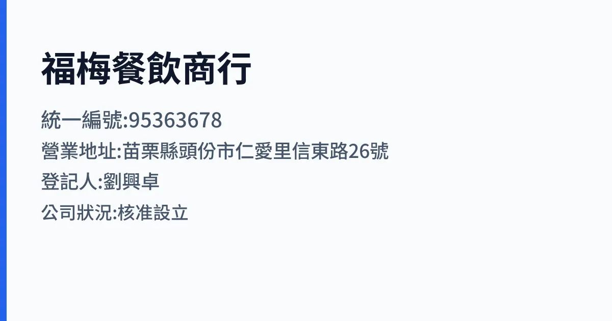 福梅餐飲商行 - 統編 95363678(苗栗縣) 公司登記資料與營業項目詳細圖表