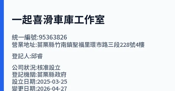 一起喜滑車庫工作室的照片-統編 95363826(苗栗縣) 公司登記資料與營業項目詳細圖表
