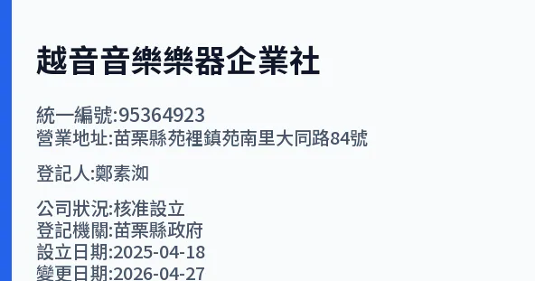 越音音樂樂器企業社的照片-統編 95364923(苗栗縣) 公司登記資料與營業項目詳細圖表