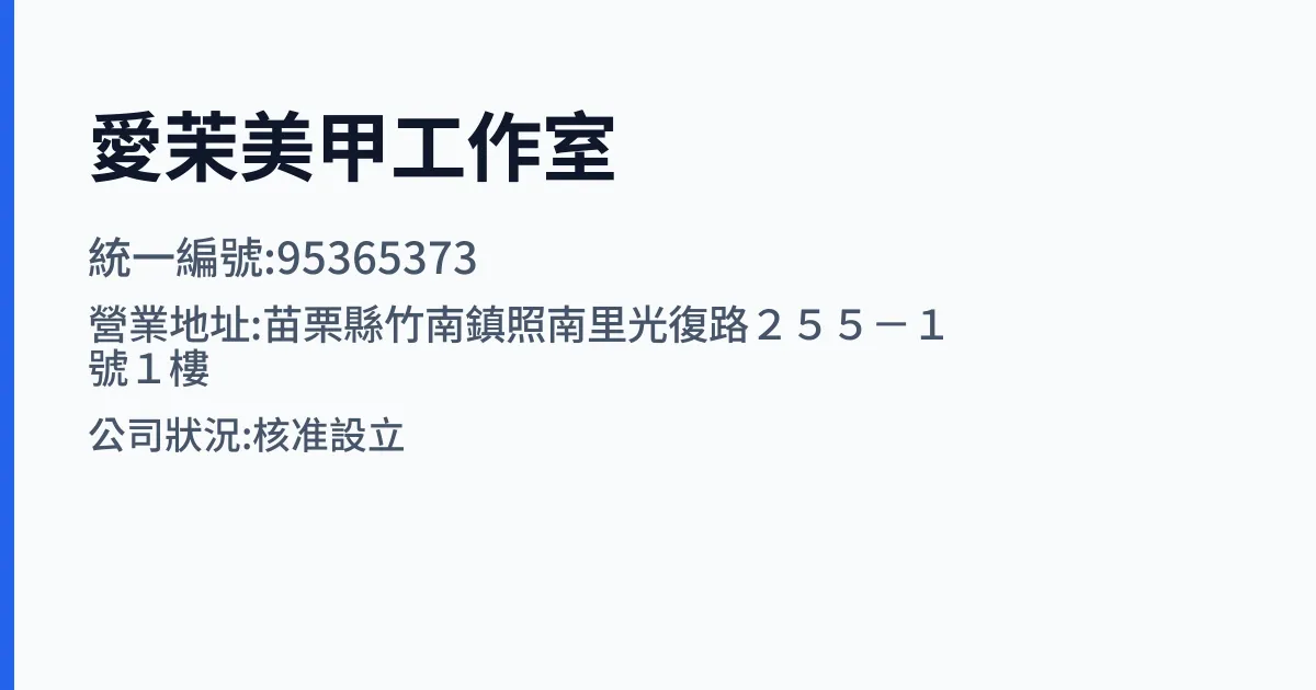 愛茉美甲工作室 - 統編 95365373(苗栗縣) 公司登記資料與營業項目詳細圖表