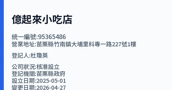 億起來小吃店的照片-統編 95365486(苗栗縣) 公司登記資料與營業項目詳細圖表