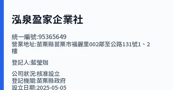 泓泉盈家企業社的照片-統編 95365649(苗栗縣) 公司登記資料與營業項目詳細圖表