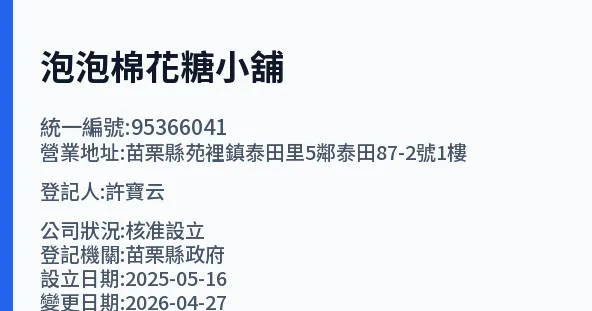 泡泡棉花糖小舖的照片-統編 95366041(苗栗縣) 公司登記資料與營業項目詳細圖表