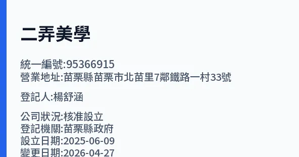二弄美學的照片-統編 95366915(苗栗縣) 公司登記資料與營業項目詳細圖表