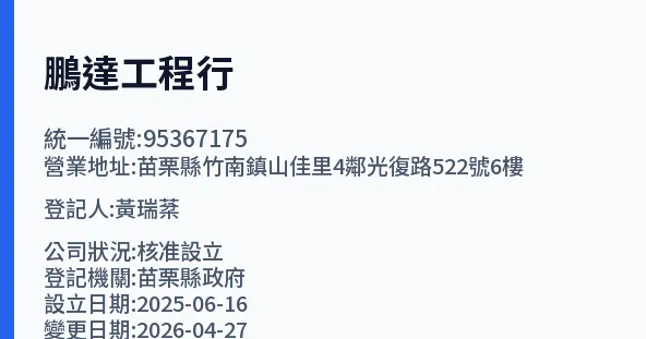 鵬達工程行的照片-統編 95367175(苗栗縣) 公司登記資料與營業項目詳細圖表