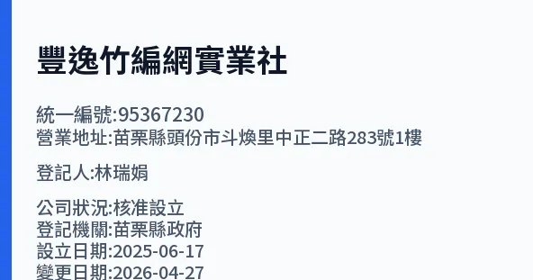豐逸竹編網實業社的照片-統編 95367230(苗栗縣) 公司登記資料與營業項目詳細圖表