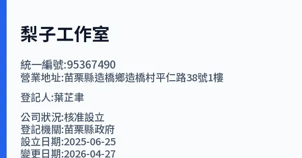梨子工作室的照片-統編 95367490(苗栗縣) 公司登記資料與營業項目詳細圖表