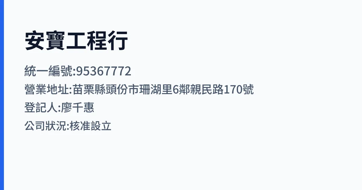 安寶工程行 - 統編 95367772（苗栗縣） 公司登記資料與營業項目詳細圖表