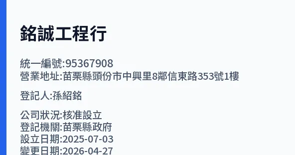 銘誠工程行的照片-統編 95367908(苗栗縣) 公司登記資料與營業項目詳細圖表
