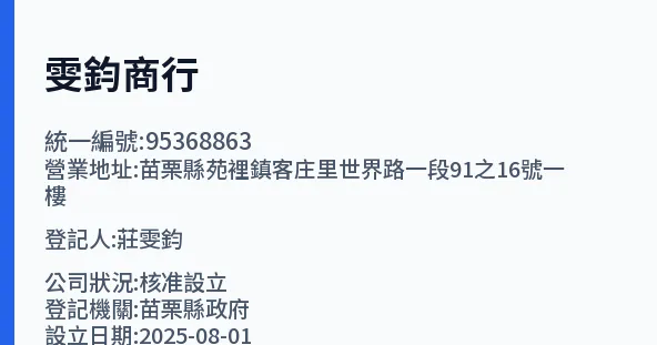 雯鈞商行的照片-統編 95368863(苗栗縣) 公司登記資料與營業項目詳細圖表