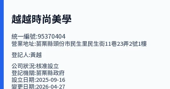 越越時尚美學的照片-統編 95370404(苗栗縣) 公司登記資料與營業項目詳細圖表