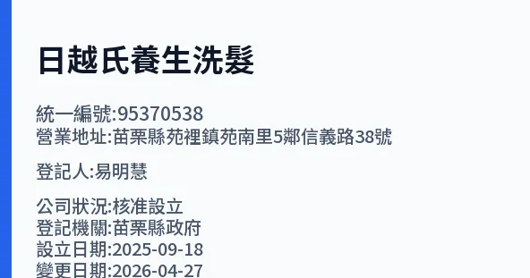 日越氏養生洗髮的照片-統編 95370538(苗栗縣) 公司登記資料與營業項目詳細圖表