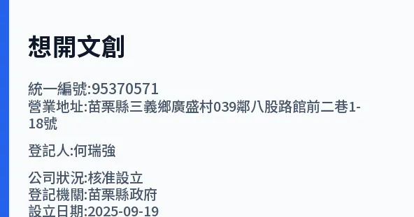 想開文創的照片-統編 95370571(苗栗縣) 公司登記資料與營業項目詳細圖表