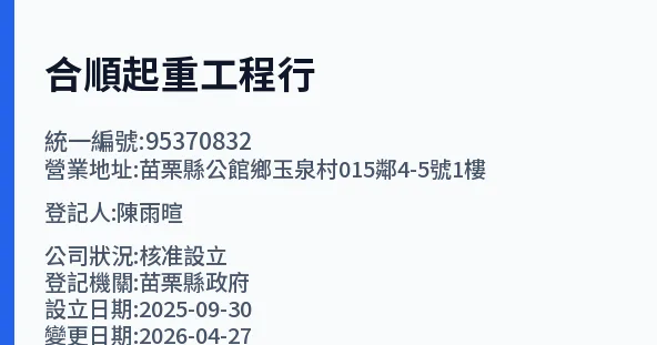 合順起重工程行的照片-統編 95370832(苗栗縣) 公司登記資料與營業項目詳細圖表